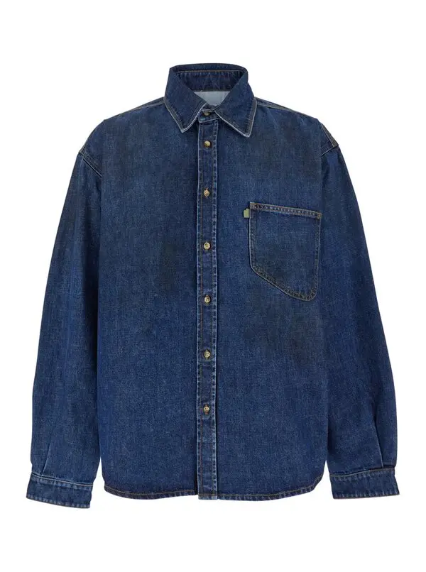ERL Shirt With Pointed Collar And Logo Patch On The Front In Denim