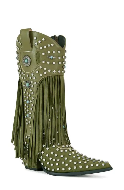 AZALEA WANG Greyson Fringe & Stud Cowboy Boots - Olive