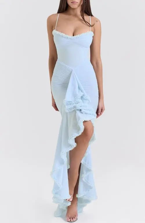 House Of Cb Gabbi Ruffle Mesh High-low Cocktail Dress - Ice Water