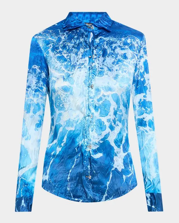 Roberto Cavalli Sicily Ocean-print Crinkle Silk Blouse - Deep Blue