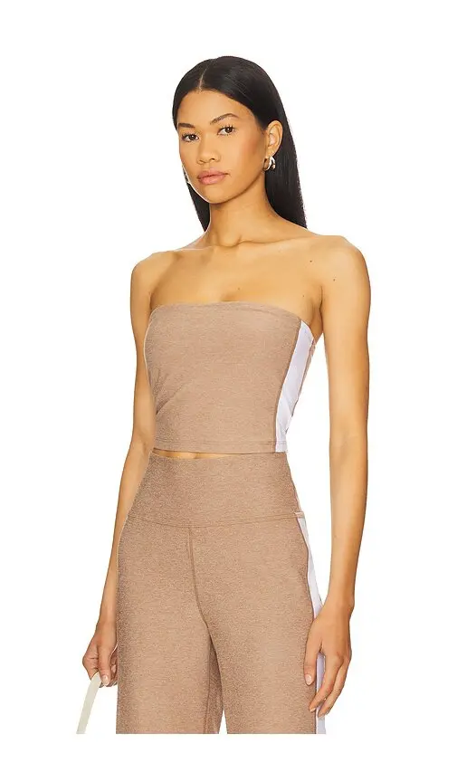 Beyond Yoga Spacedye Strapless Stripe Top - Desert Sand Heather & Cloud White