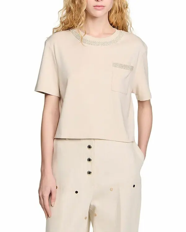 Sandro Rhinestone Trim Tee - Beige