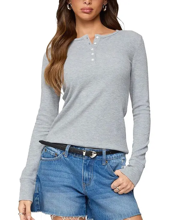 EDIKTED Helaine Waffle Henley T-shirt - Gray-melange