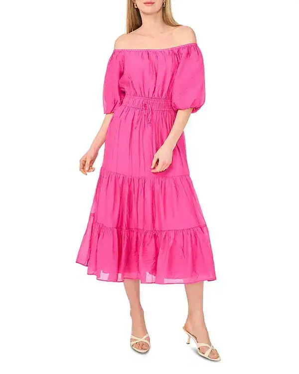 Vince Camuto Pleated Tiered Midi Dress - Raspberry Sorbet