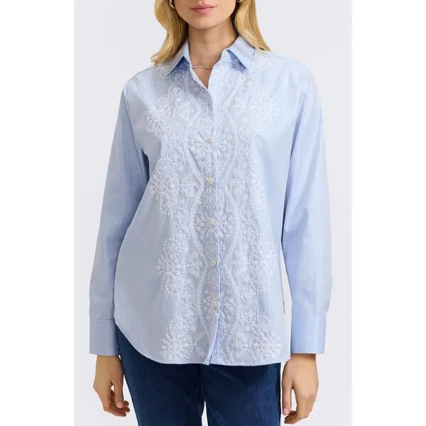 Foxcroft Meghan Striped Embroidered Button-up Shirt