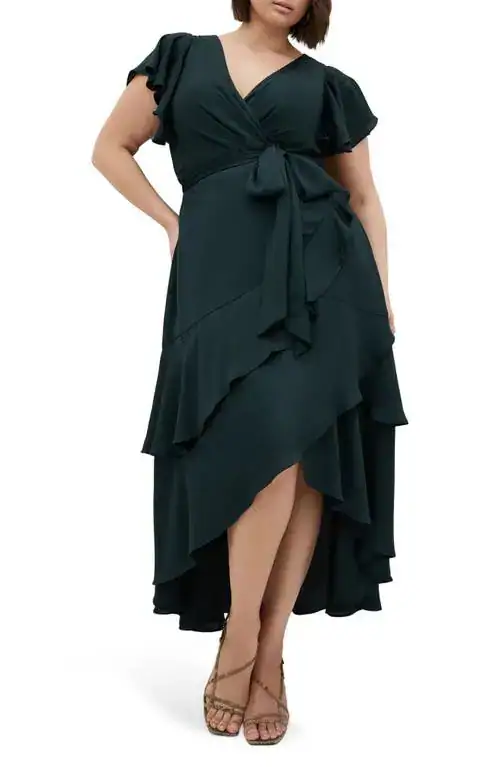 City Chic Jen Ruffle Faux Wrap Satin Dress In Hunter Green - 62% Off |  Editorialist