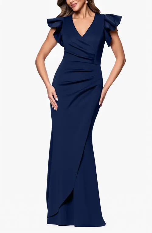 XSCAPE EVENINGS Ruffle Ruched Scuba Knit Gown - Midnight