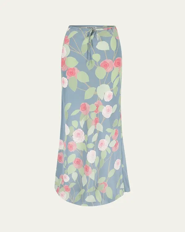 Bernadette Floral Printed Silk Maxi Skirt - Camelia - Blue
