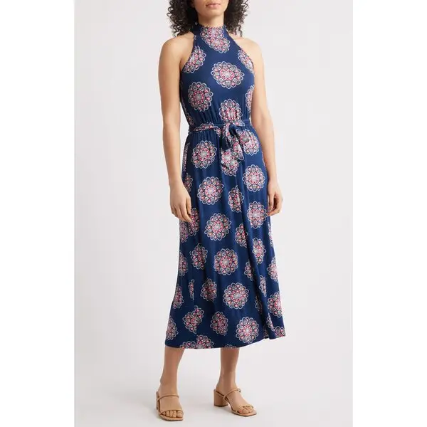 Loveappella Printed Halter Midi Dress - Navy