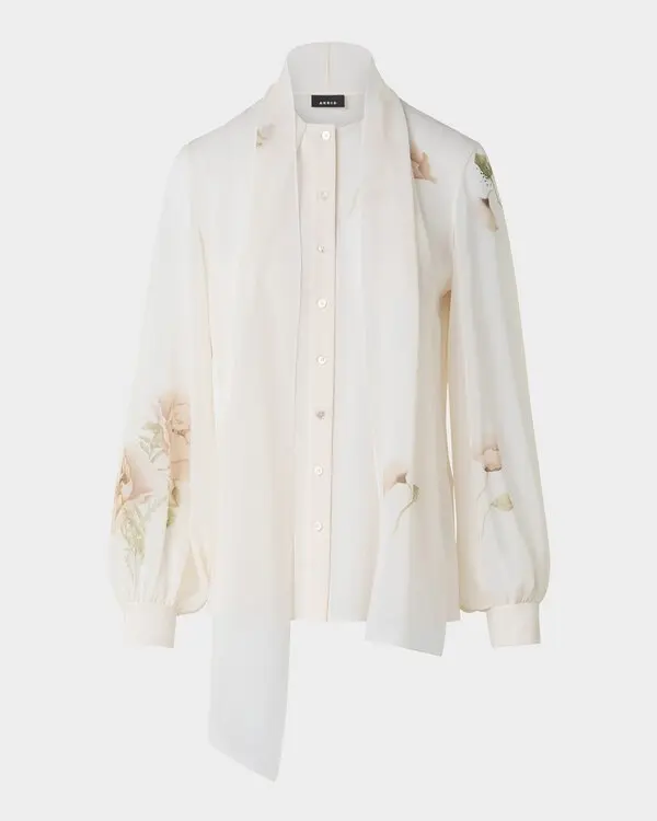 Akris Floral-print Georgette Scarf Blouse - Ecru-greige