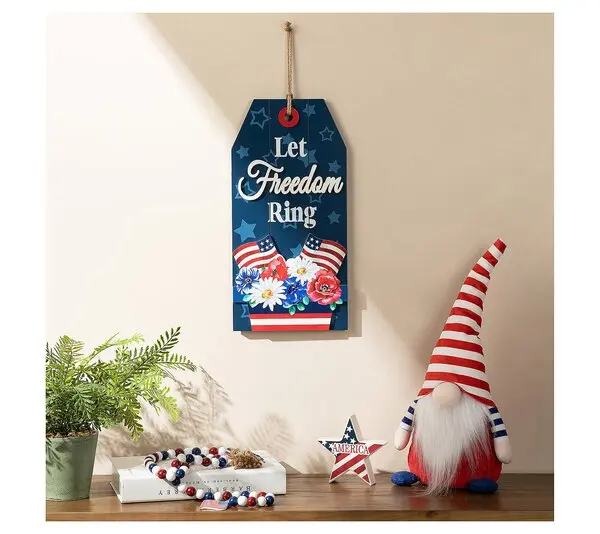 GLITZHOME 15.75' Americana Wooden Word Sign Doo R Hanger