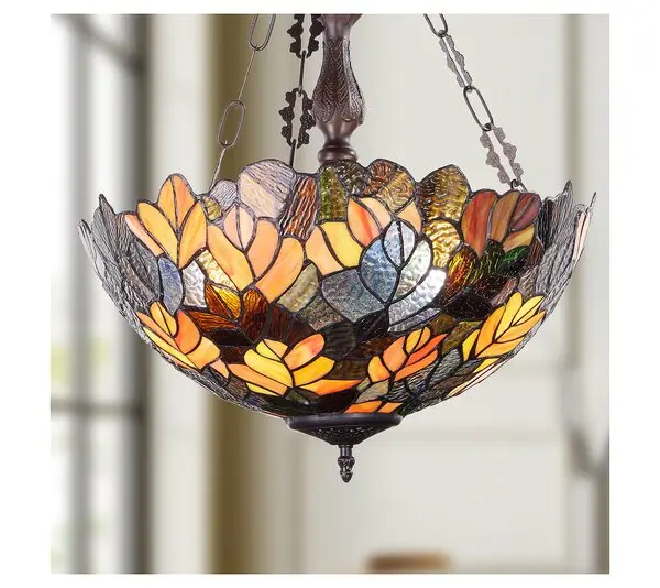 RIVER OF GOODS 18'w Maple Victorian Stained Gla Ss Bowl Pendant