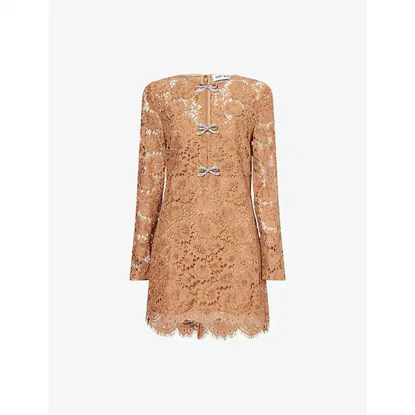 Self-Portrait Lace Bow-Embellished Woven Mini Dress - Tan | Editorialist