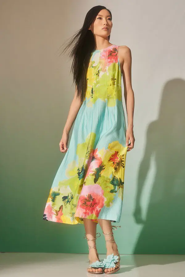 Natori Ophelia Floral Linen Midi Dress