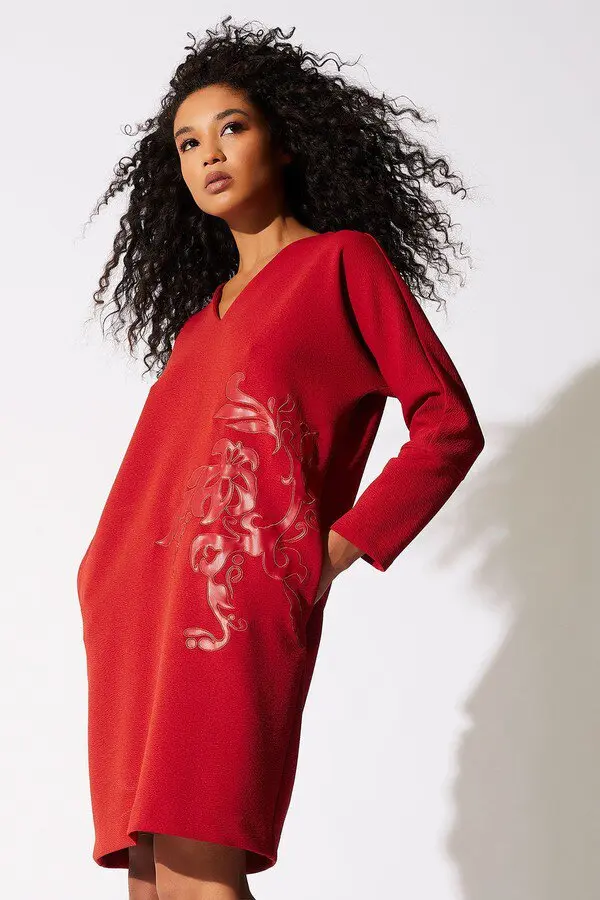 Natori Scuba Crepe Embroidered Wedge V-neck Dress - Orange