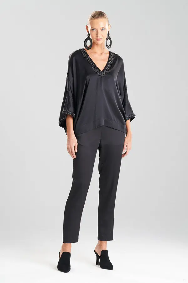 Natori Key Essentials Silk Embroidered Kimono Sleeve Top - Black