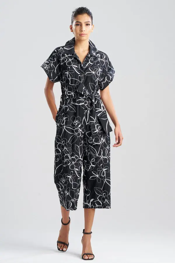 Natori Flower Stencil Embroidered Jumpsuit - Black