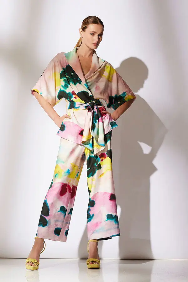Natori Akiko Printed Cotton Silk Twill Cropped Pull On Pants