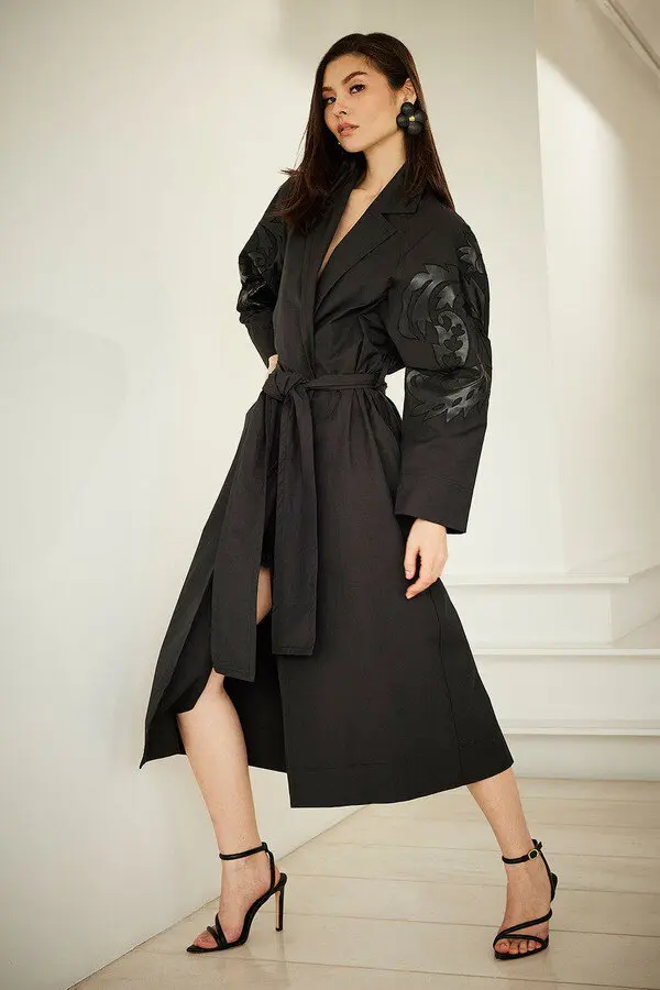 Natori Tech Cotton Taffeta Embroidered Trench Coat