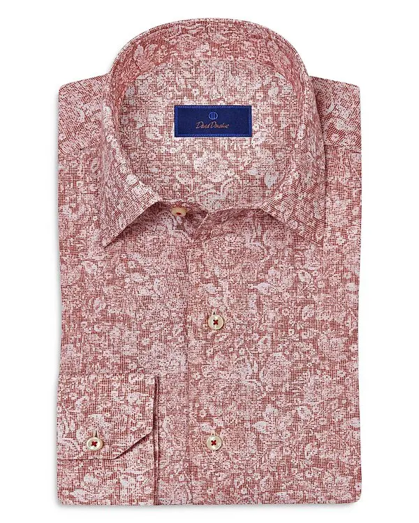 David Donahue Regular Fit Texture Floral Print Linen Sport Shirt