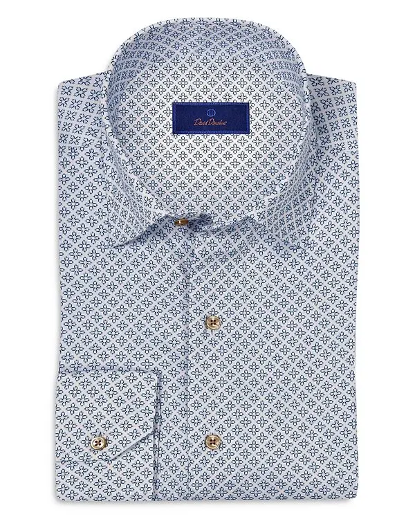 David Donahue Regular Fit Geometric Print Sport Shirt - White/blue