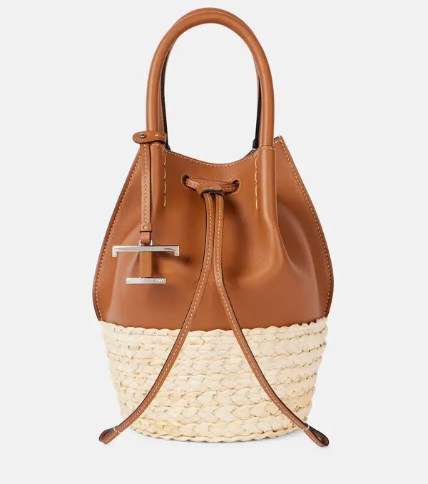 TOD'S Raffia-trimmed Leather Bucket Bag
