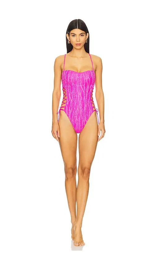 Luli Fama Square Neck Laced Up One Piece - Fuchsia