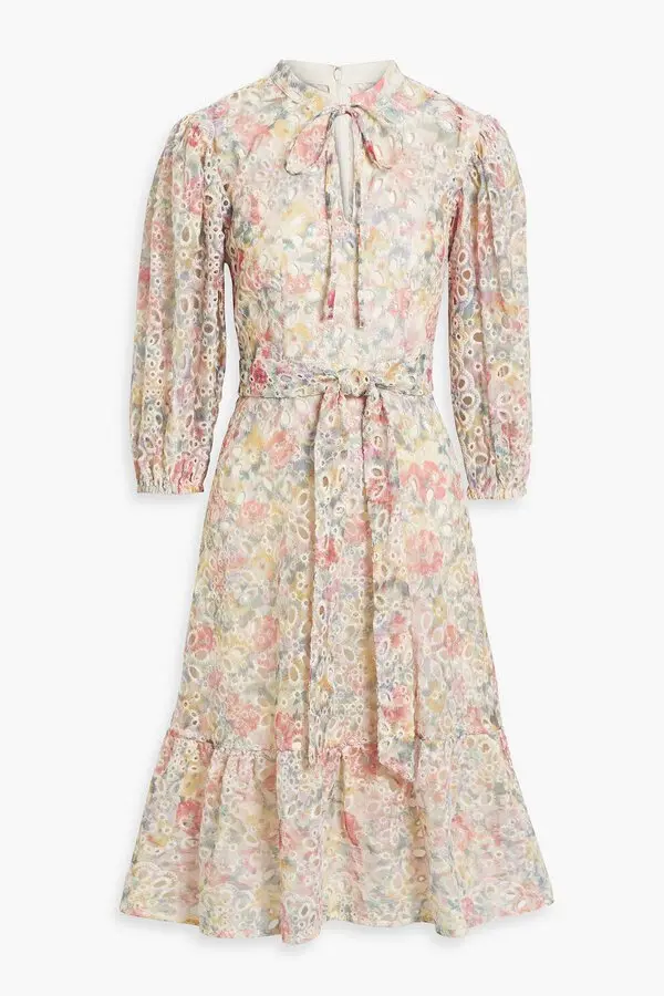 MIKAEL AGHAL Belted Printed Broderie Anglaise Midi Dress
