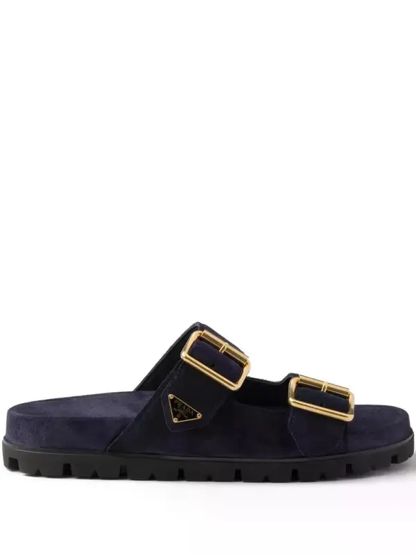 Prada Buckle Suede Slides - Blue