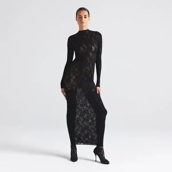 knee length dresses for ladies MEROKEETY Lace Long Sleeve V Neck Wrap Knit Midi Dress – Merokeety
