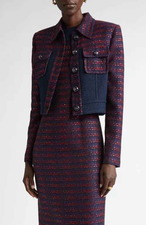 St. John Colorblock Tweed Crop Jacket - Midnight/ Geranium Multi