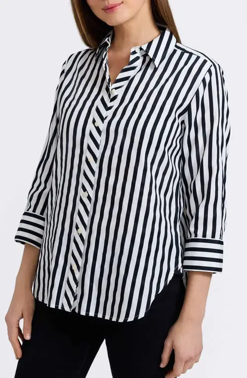Foxcroft Meghan Stripe Cotton Button-up Shirt - White/ Black