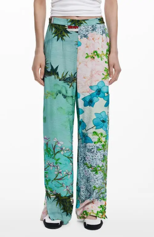 Desigual Floral Print Straight Leg Pants - Water Green