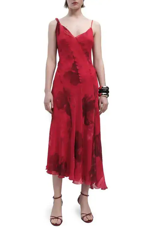 Mango Amapola Floral Asymmetric Midi Dress In Bright Red - 50% Off |  Editorialist