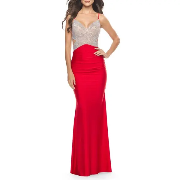 LABOMME Ruched Gown With Rhinestone Bodice - Red