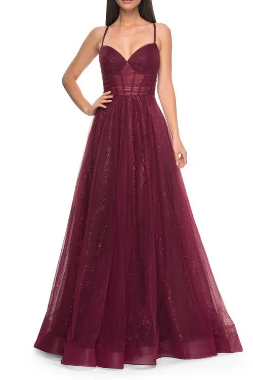 LABOMME A-line Gown With Illusion Corset Top - Dark Berry