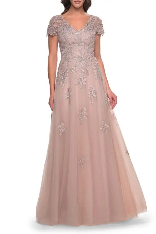 LABOMME A-line Tulle Gown With Lace Applique - Mauve