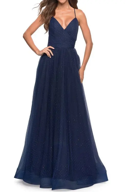 LABOMME Rhinestone Tulle Ballgown With Slit And Lace Up Back - Navy
