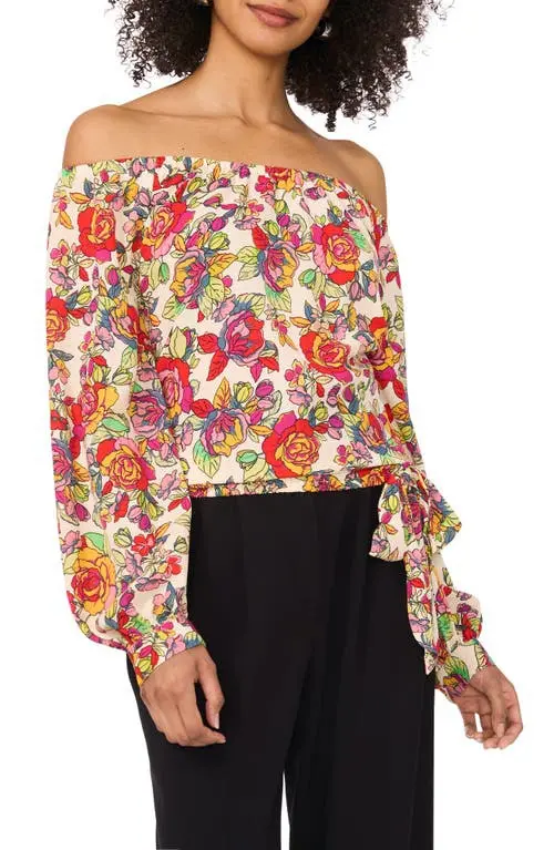 Vince Camuto Floral Off-the-shoulder Tie Hem Top - Red