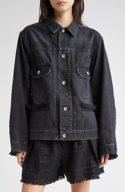 Sacai Mixed Media Denim & Tweed Trucker Jacket - Black/ Black 002