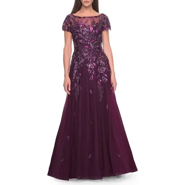 LABOMME A-line Gown With Sequin Floral Applique