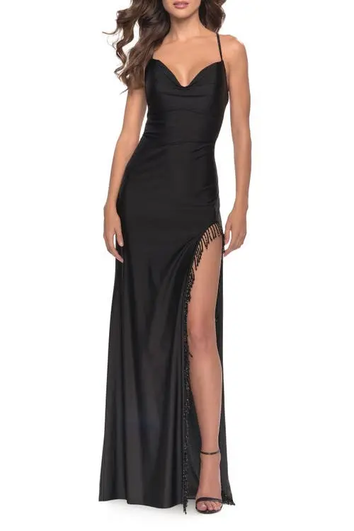 LABOMME Fringe Beaded Slit Jersey Gown With Lace Up Back - Black