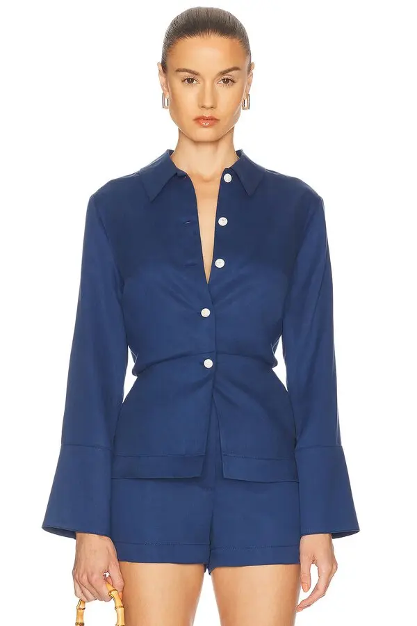 Matthew Bruch Blouson Long Sleeve Blouse - Cadet Blue Tencel