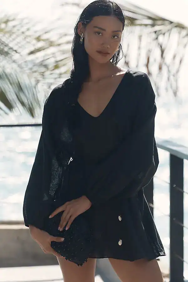L*Space Boat Trip Linen Tunic Mini Dress In Black - 46% Off | Editorialist