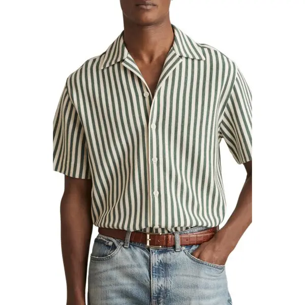 REISS Trig Textured Stripe Camp Shirt - Green/ White