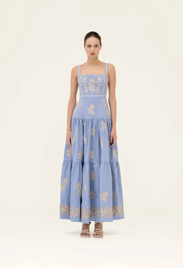 SUSPIRO Lima Madera Embroidered Linen Maxi Dress