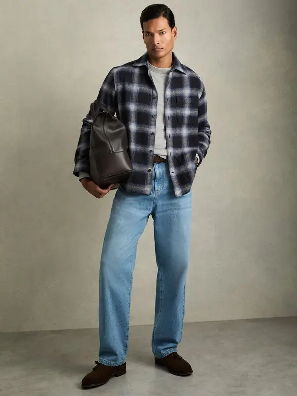 REISS Crosby Check Patch Pocket Overshirt With Wool - Navy Multi