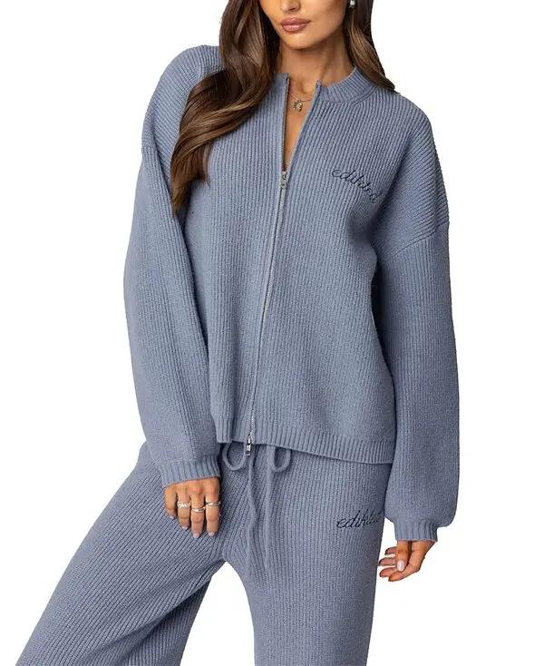 EDIKTED Ribbed Knit Zip Up Sweater