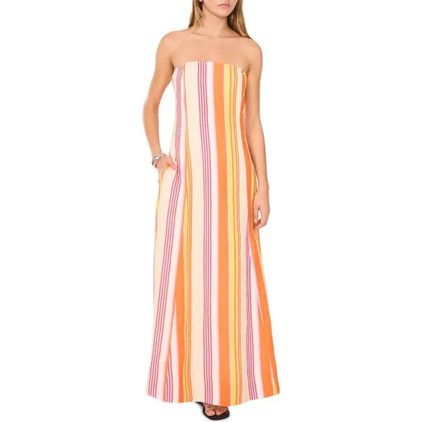 1.State Stripe Strapless Linen Blend Maxi Dress - Peach Cream