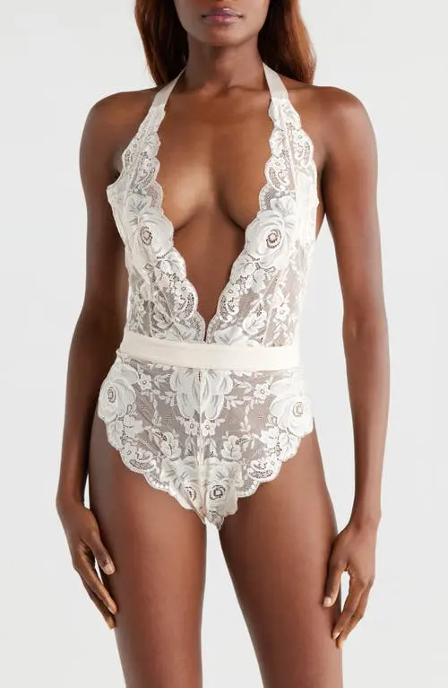 KILO BRAVA Floral Lace Halter Teddy - Whisper Peach